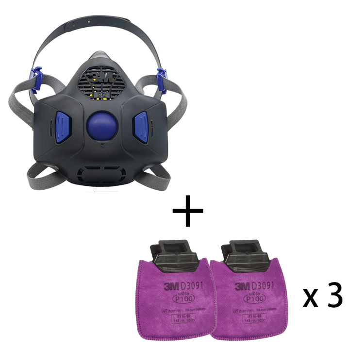[優惠套裝] 3M™ HF-802SD 半面罩式呼吸防護面具 + D3091 P100 顆粒物過濾棉 x3 S