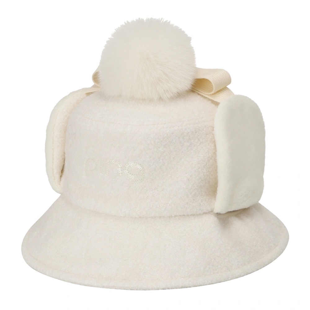 【PING】女款毛球遮耳禦寒保暖漁夫帽-白 / RQ25251-73