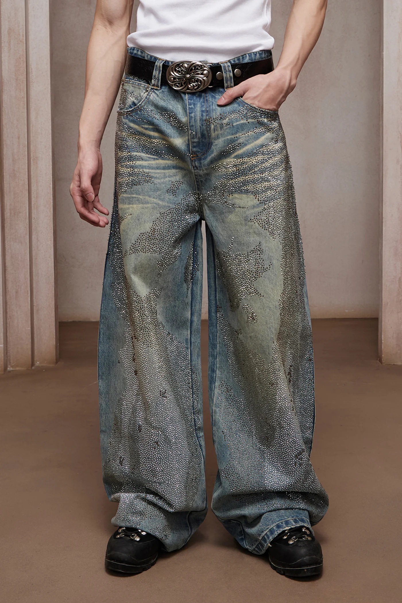 DND4des 28K Crystal-Studded Dual-Wash A-Line Denim (blu