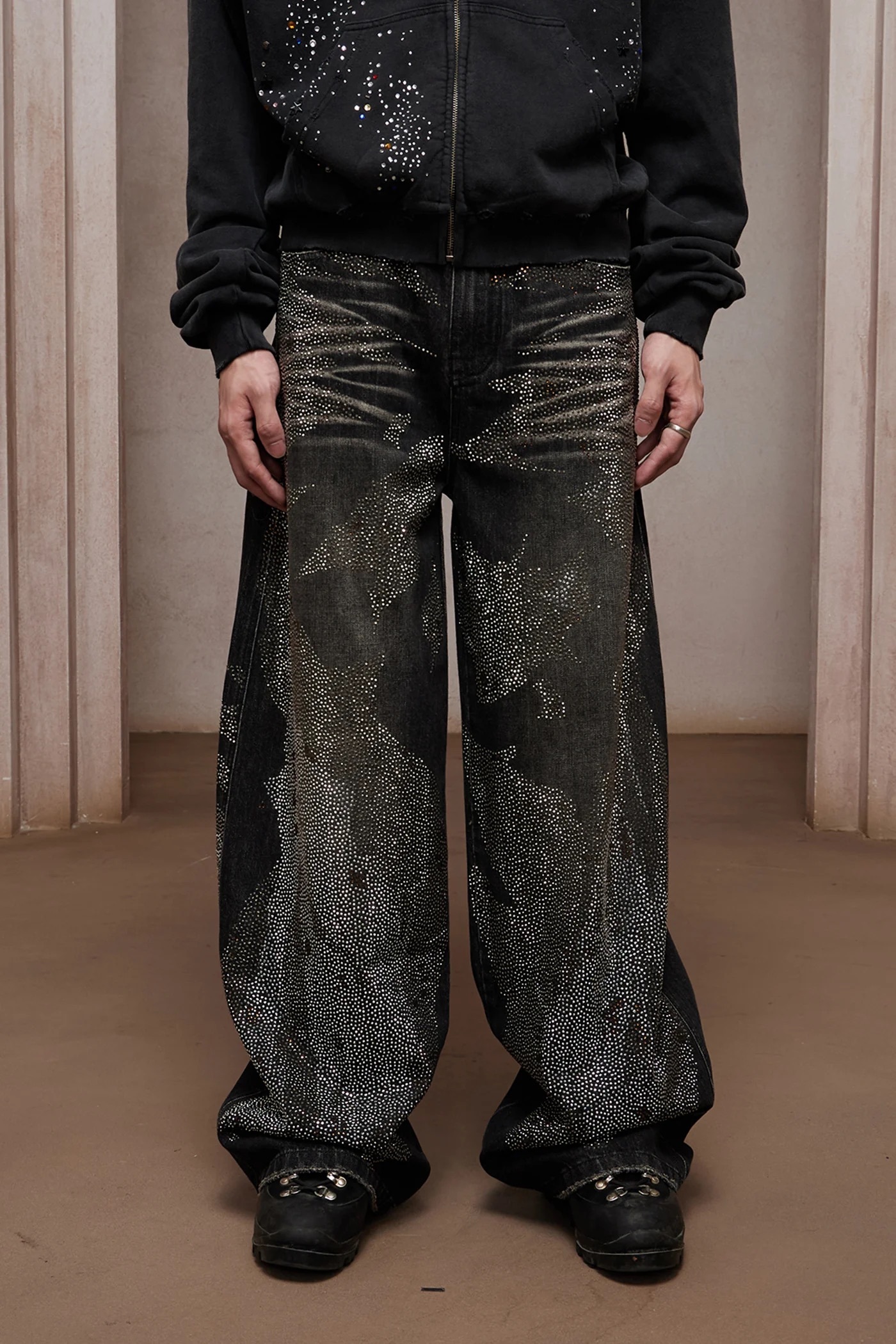 28K Crystal-Studded Dual-Wash A-Line Denim (black)