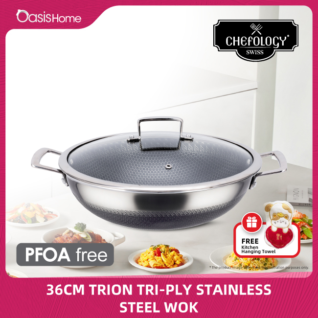 Chefology Trion Triply Stainless Steel 36cm Wok Free Ki