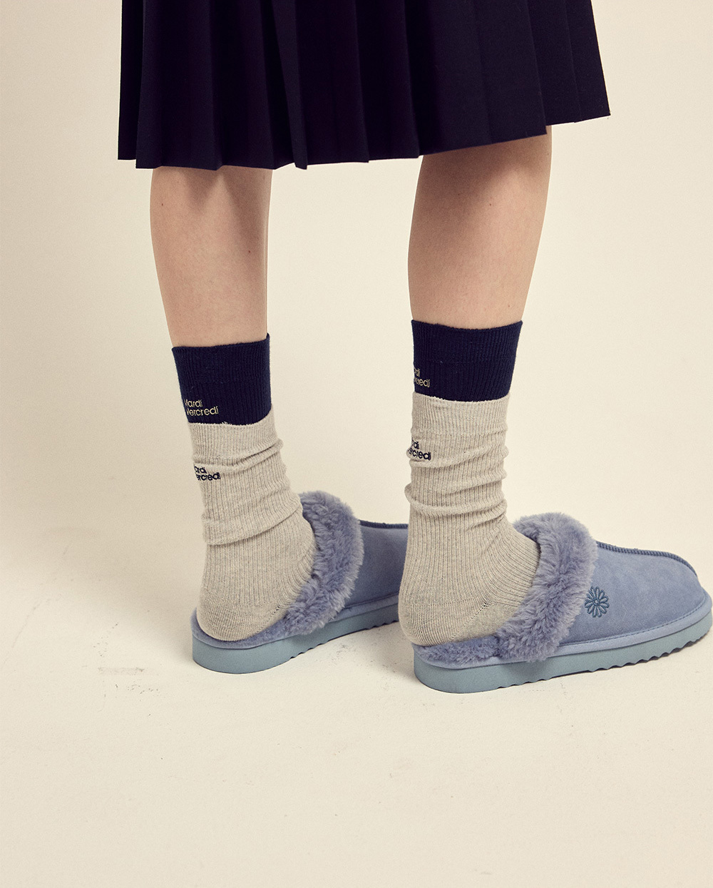 MARDI MERCREDI 刺繡長襪 麻灰色 海軍藍色LOGO 極簡 SOCKS ESSENTIAL